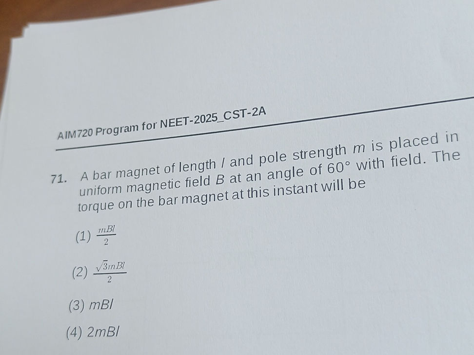 71. A bar magnet of length *l* and pole | StudyX