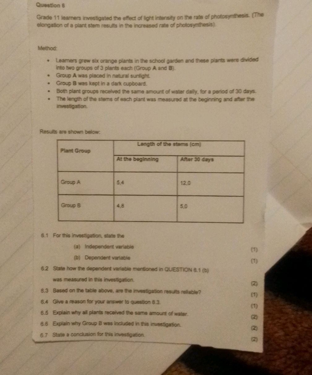 Question 6 Grade 11 learners investigated | StudyX