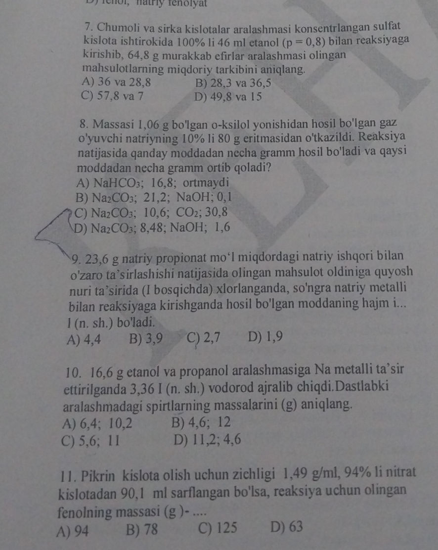 7. Chumoli va sirka kislotalar aralashmasi | StudyX