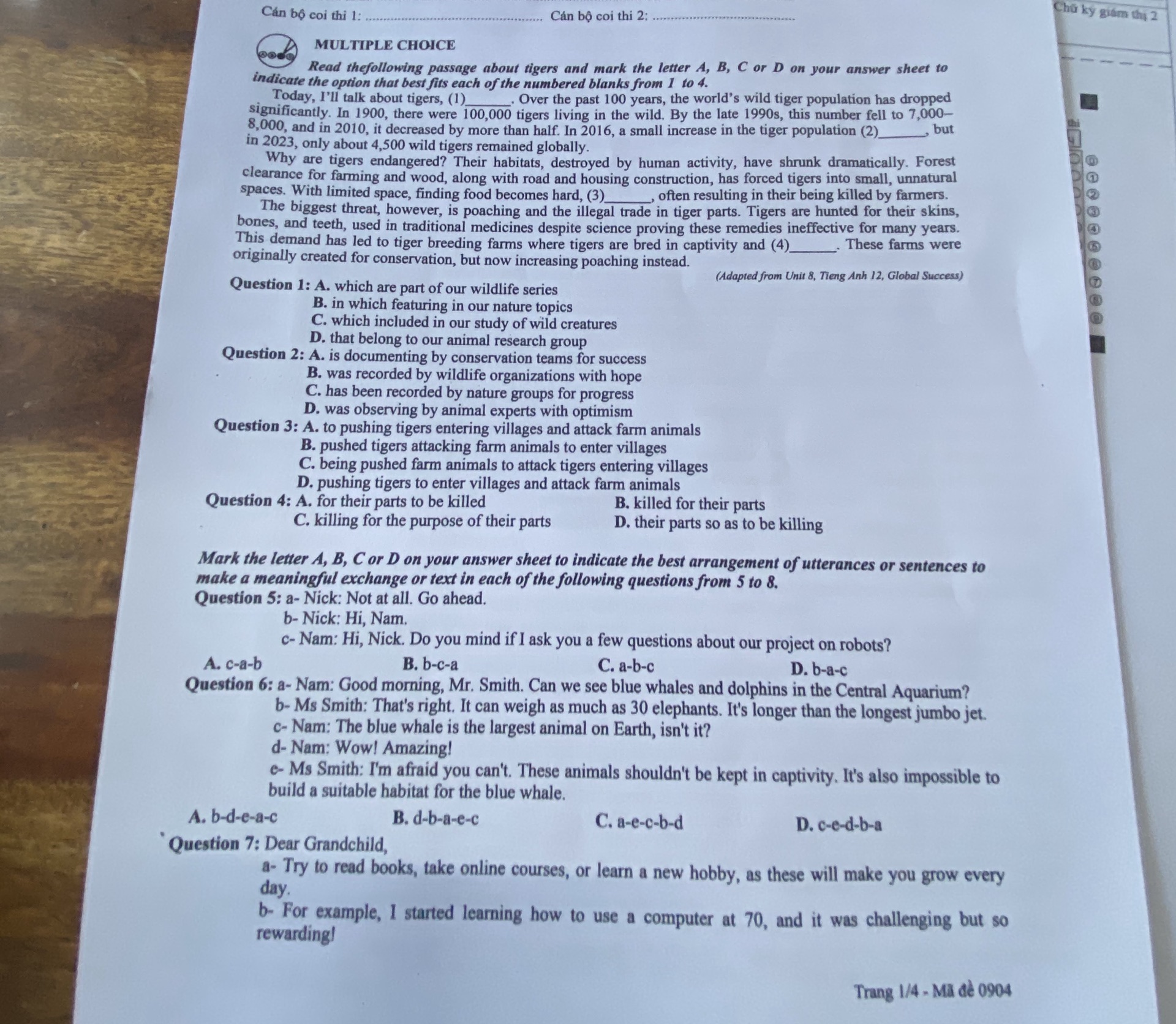 Read the following passage about tigers and | StudyX