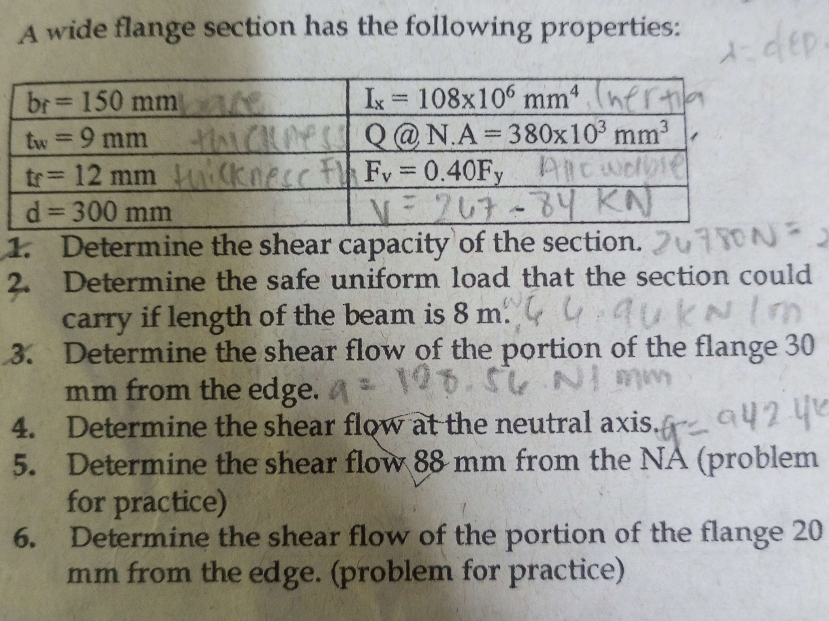 A wide flange section has the following