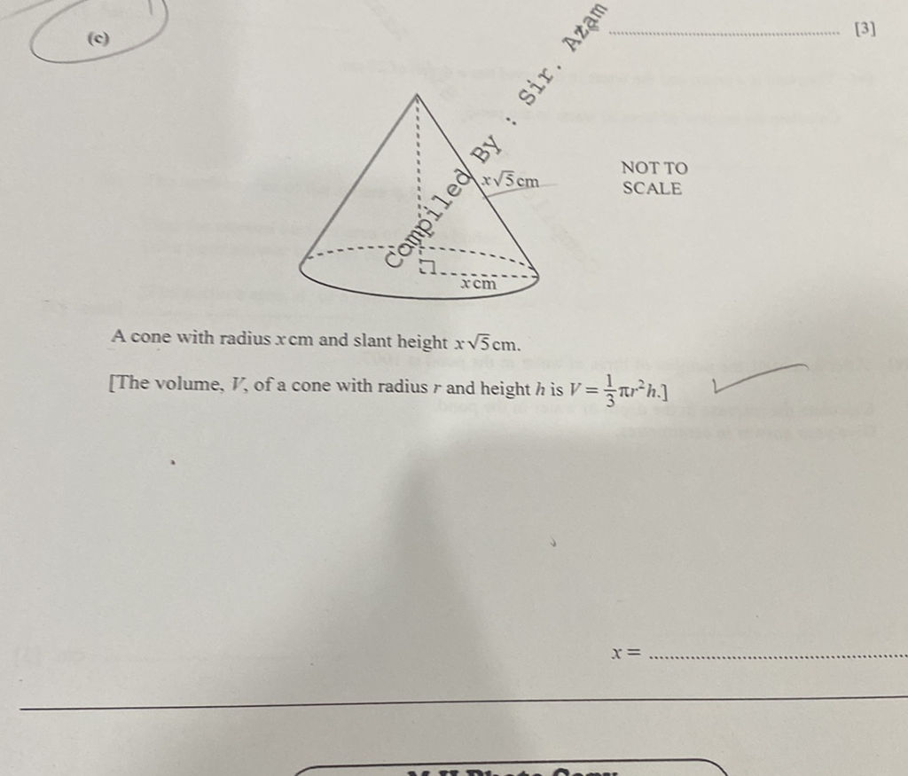 A cone with radius $x$ cm and slant height | StudyX