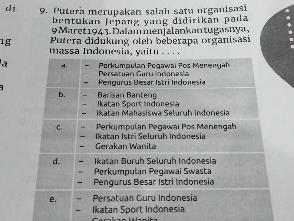 9. Putera merupakan salah satu organisasi | StudyX