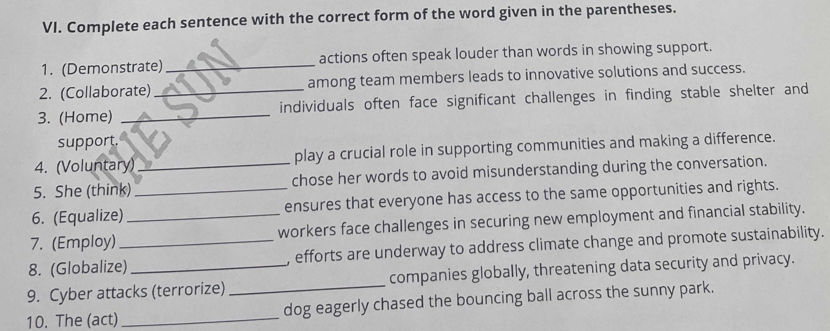 VI. Complete each sentence with the correct | StudyX