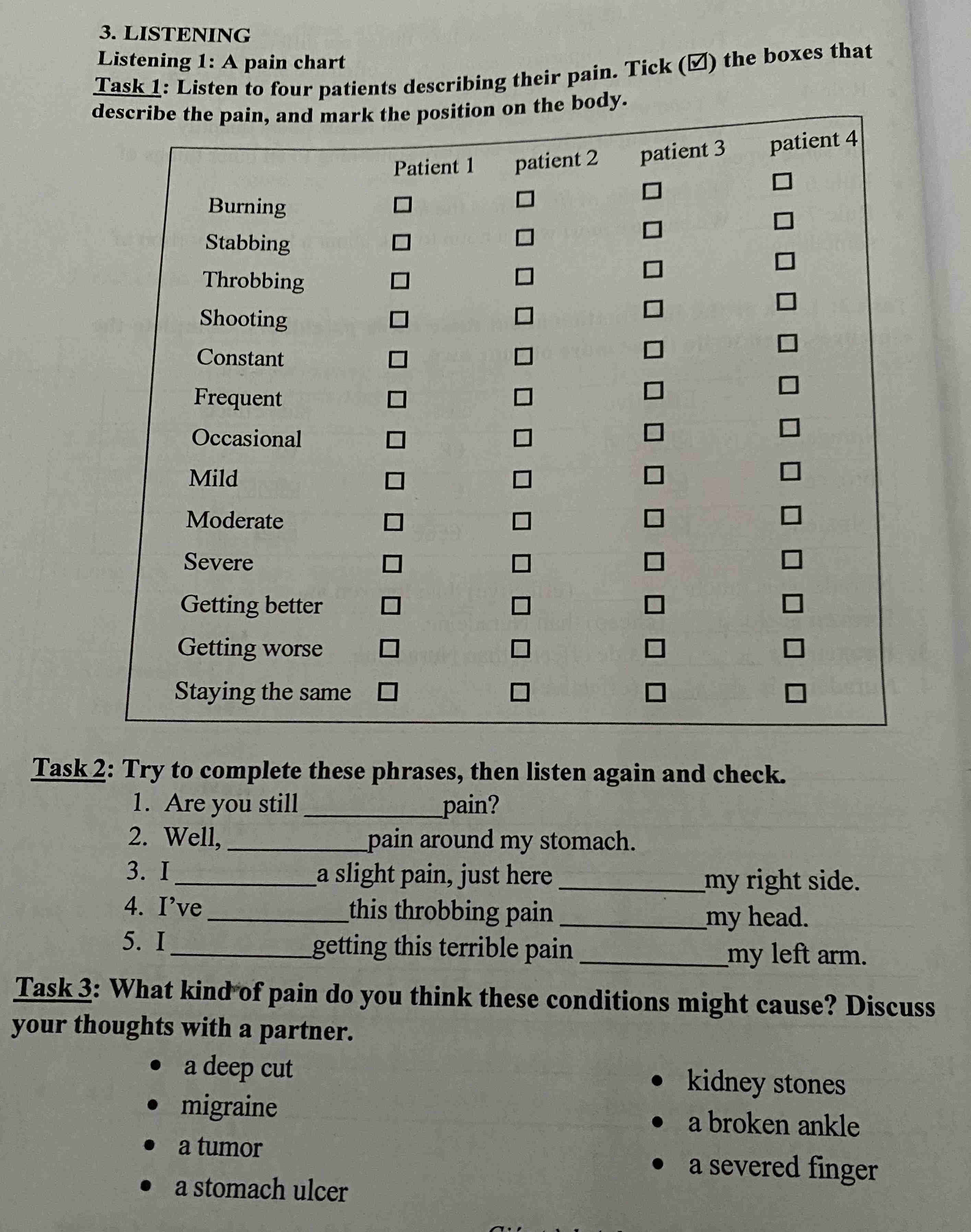 3. LISTENING Listening 1: A pain chart | StudyX
