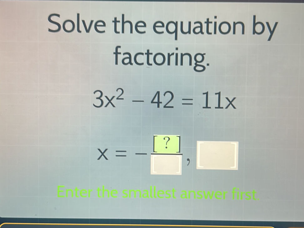 Solve the equation by factoring. $3x^2 - 42 | StudyX