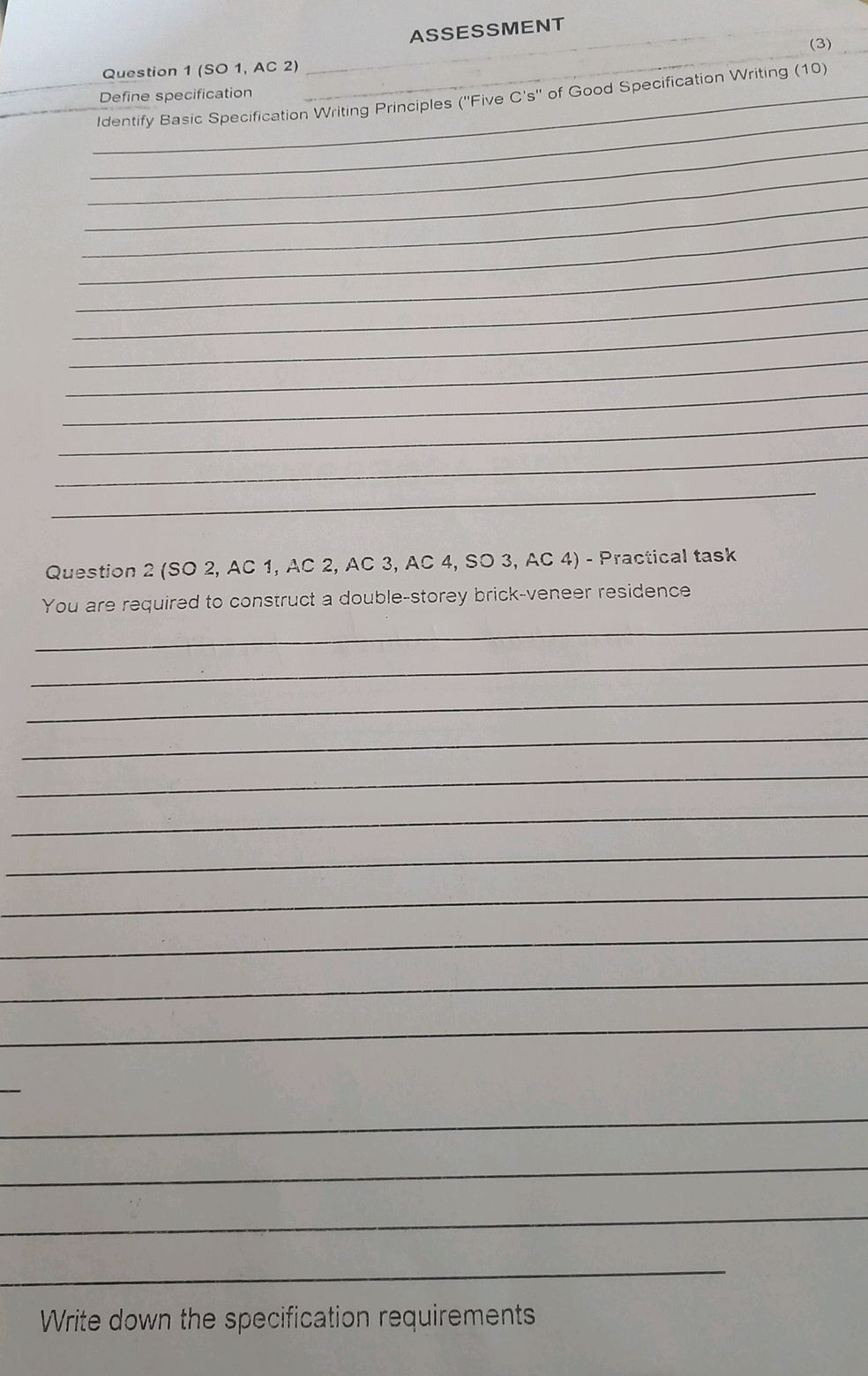Question 1 (SO 1, AC 2) Define specification | StudyX