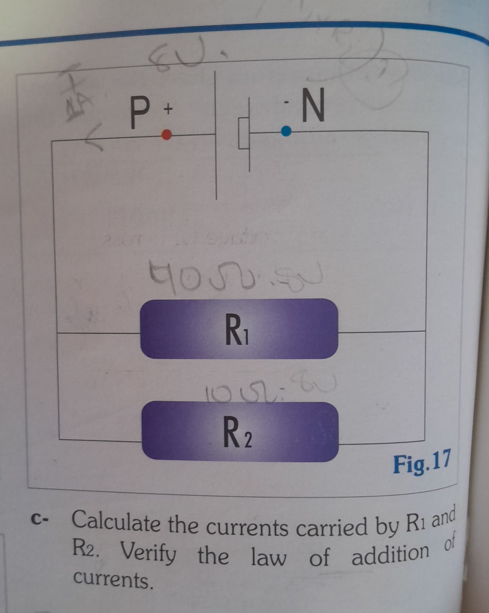 Calculate the currents carried by R1 and R2. | StudyX