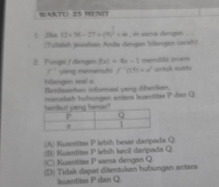 1. Jika $12 imes 36 - 27 - (9)^2 imes m$, | StudyX