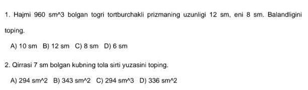 1. Hajmi $960 ext{ sm}^3$ bolgan togri | StudyX