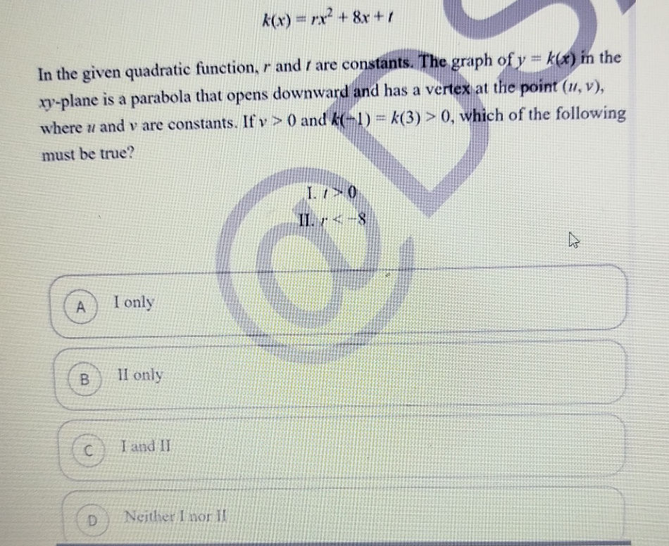 Given the quadratic function, $k(x) = rx^2 + | StudyX