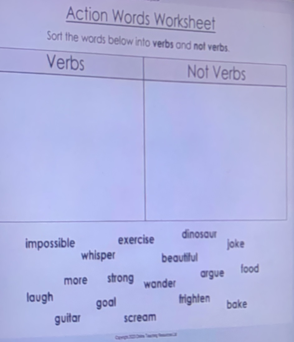 Action Words Worksheet Sort the words below | StudyX