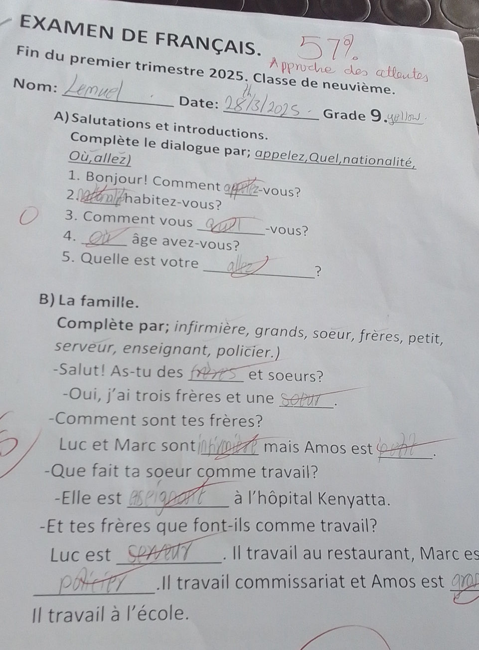 A) Salutations et introductions. Complète le | StudyX
