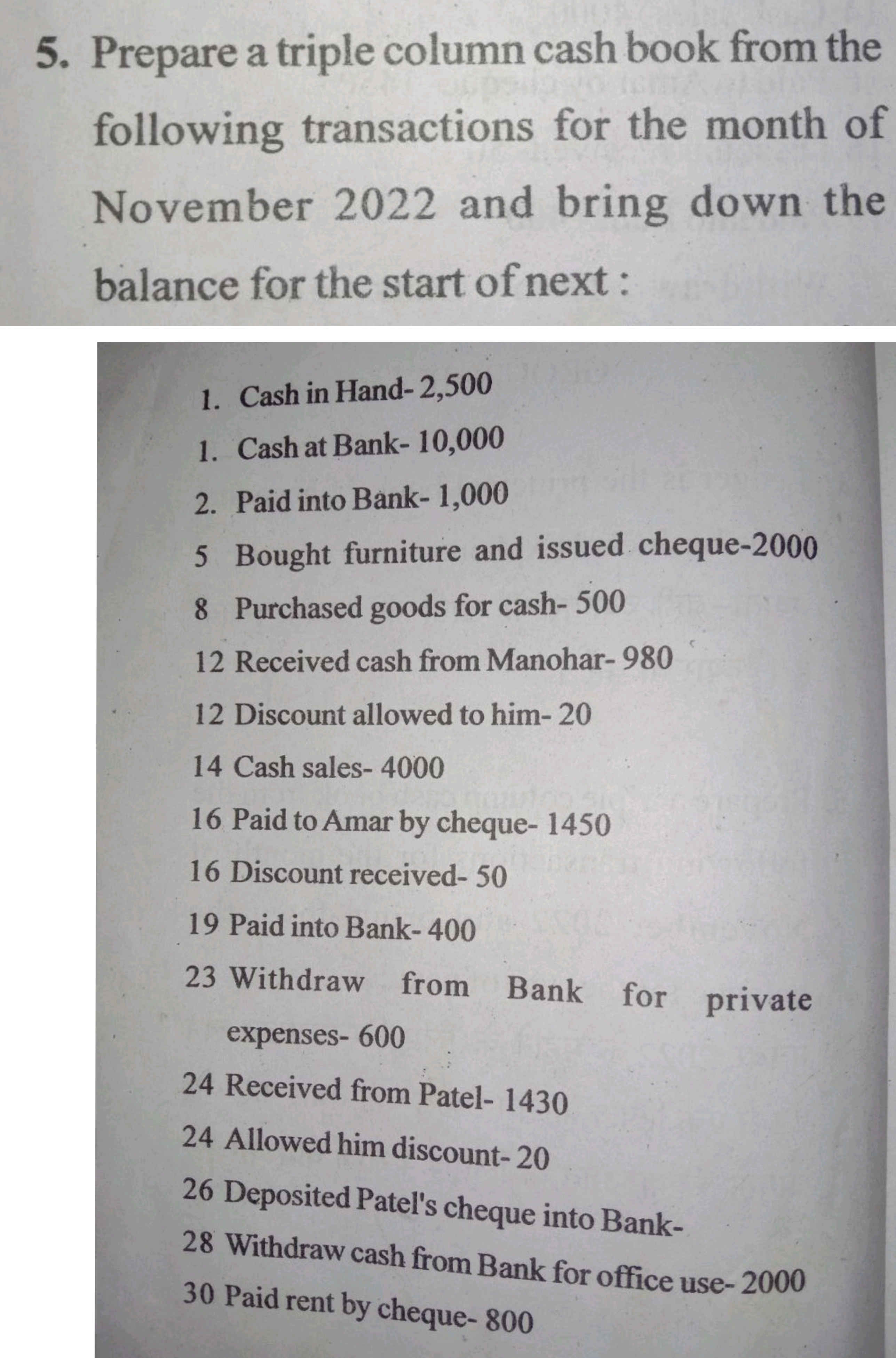 5. Prepare a triple column cash book from | StudyX