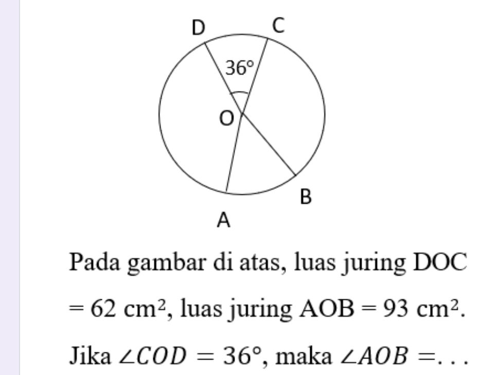 Pada gambar di atas, luas juring DOC = 62 | StudyX