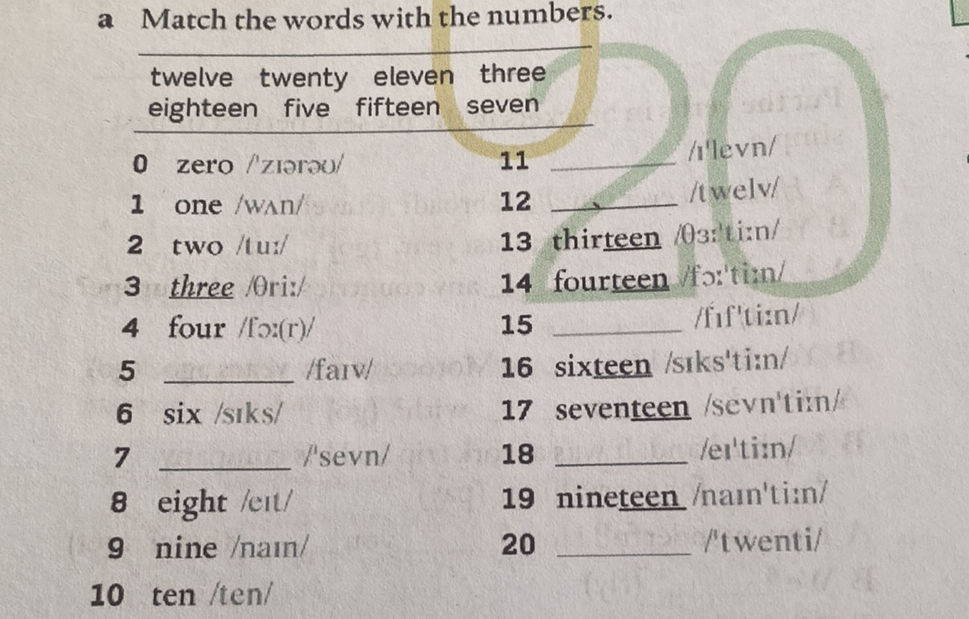 a Match the words with the numbers. 0 zero | StudyX