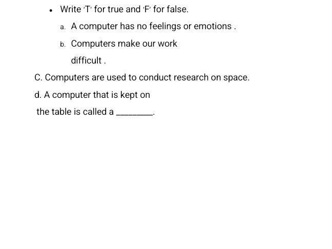 Write 'T' for true and 'F' for false. a. A | StudyX