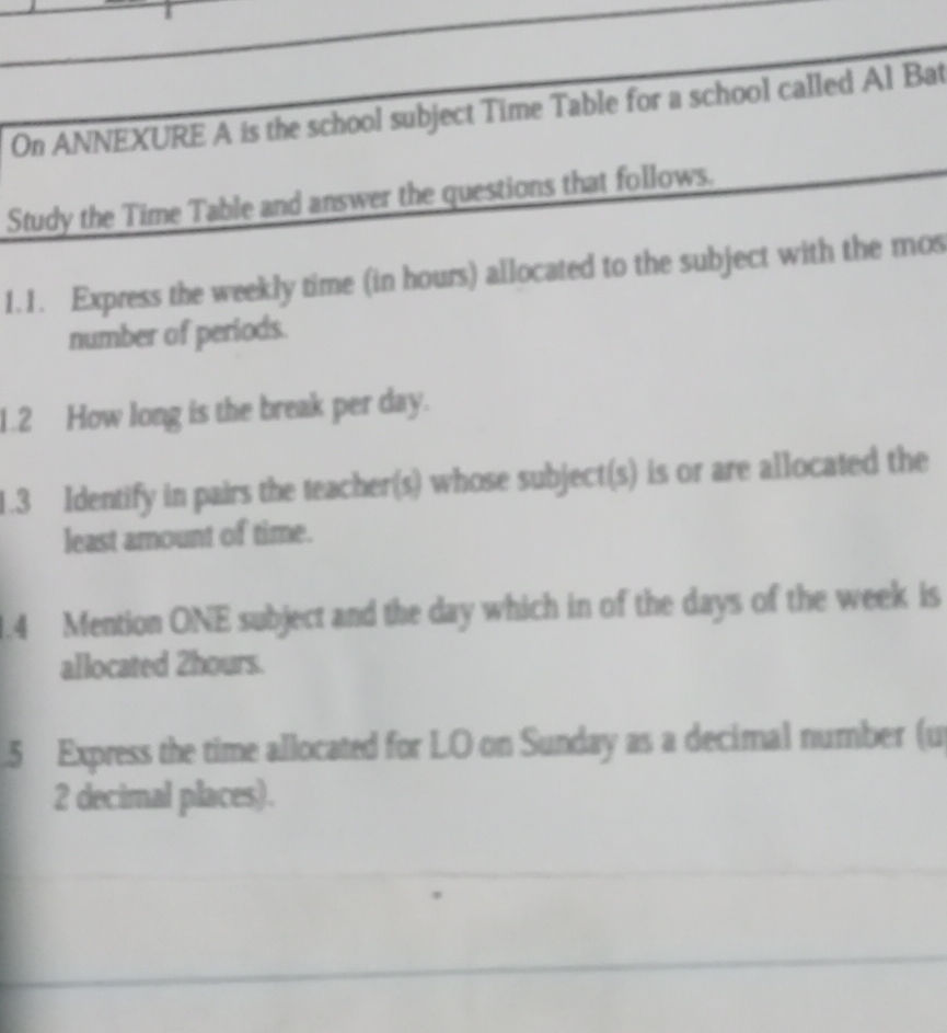 On ANNEXURE A is the school subject Time | StudyX