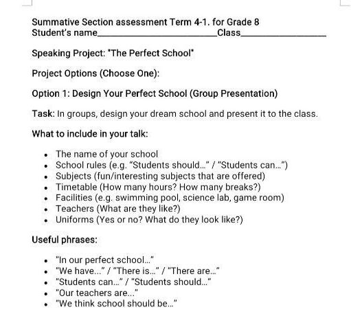 Speaking Project: "The Perfect School" | StudyX