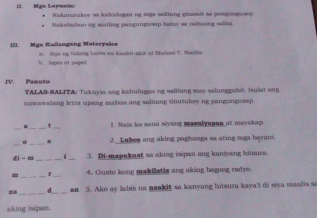 II. Mga Layunin: - Nakatutukoy sa kahulugan | StudyX