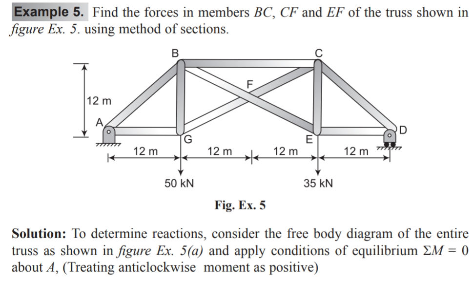 Example 5. Find the forces in members BC, CF | StudyX
