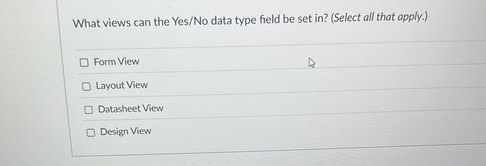 What views can the Yes/No data type field be | StudyX