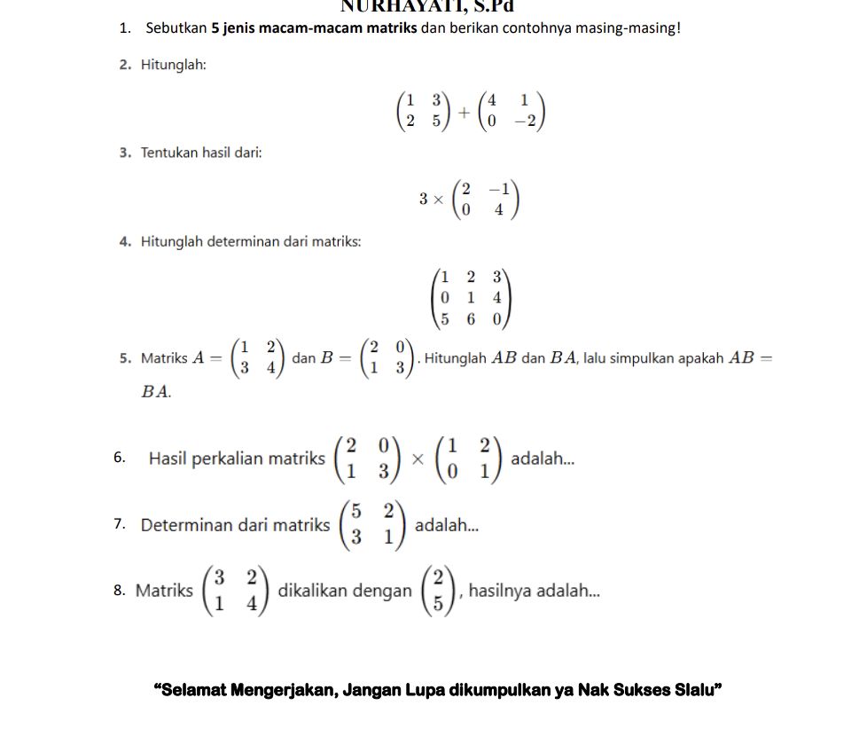 1. Sebutkan 5 jenis macam-macam matriks dan | StudyX