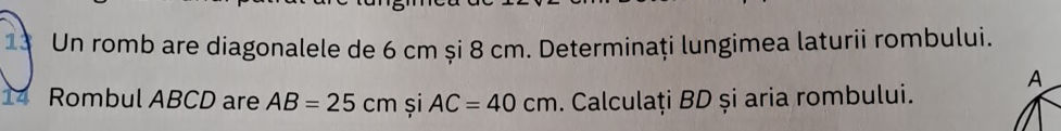 13 Un romb are diagonalele de 6 cm și 8 cm. | StudyX
