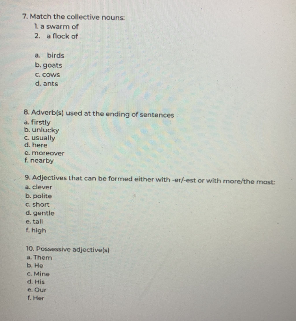 7. Match the collective nouns: 1. a swarm of | StudyX