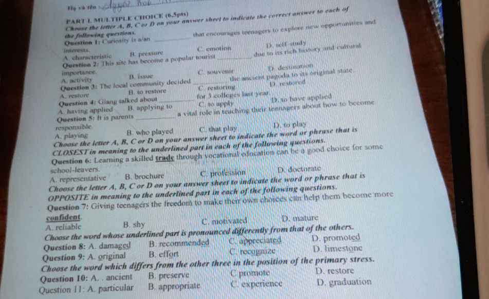 PART 1 MULTIPLE CHOICE (6.5pts) Choose the | StudyX