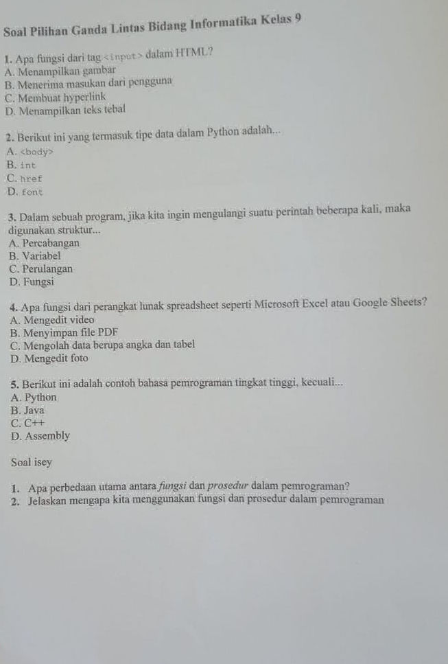 1. Apa fungsi dari tag `` dalam HTML? A. | StudyX