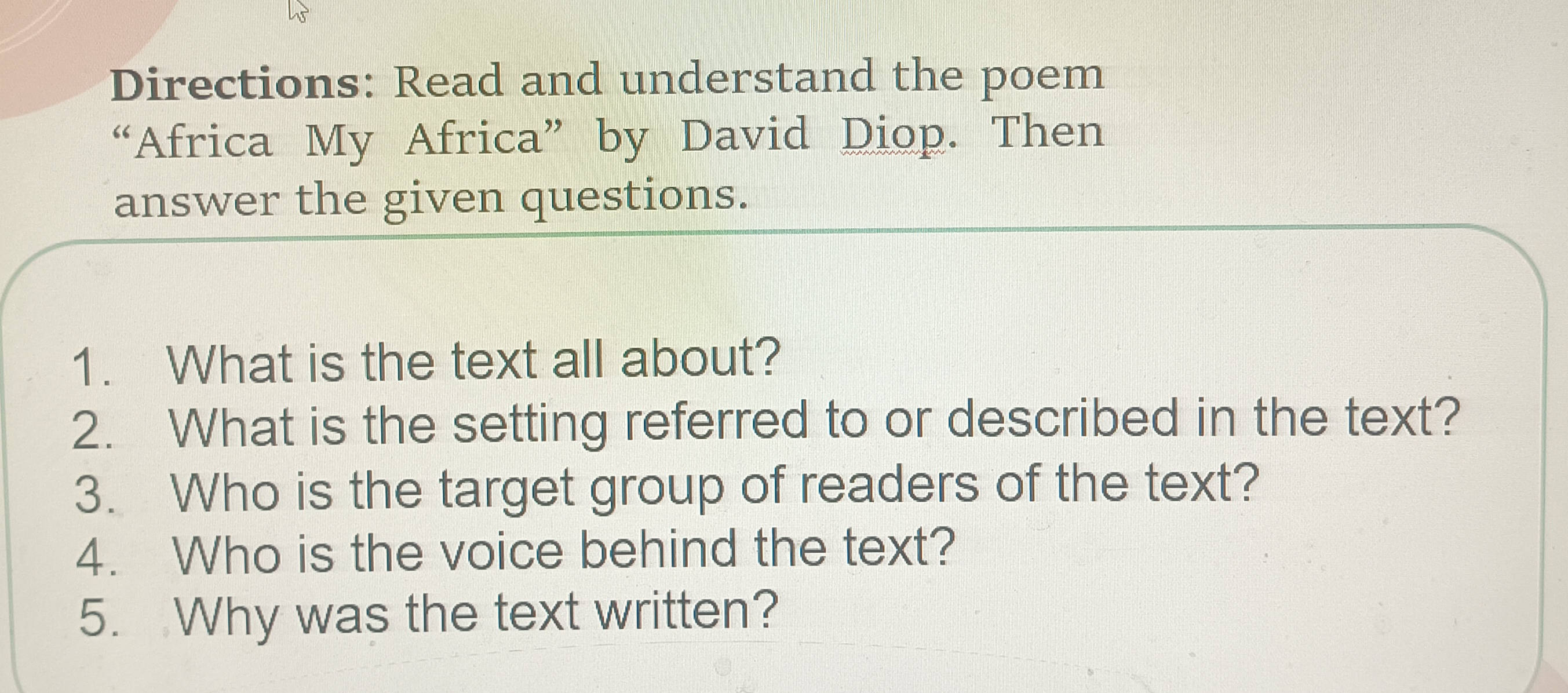 Directions: Read and understand the poem | StudyX