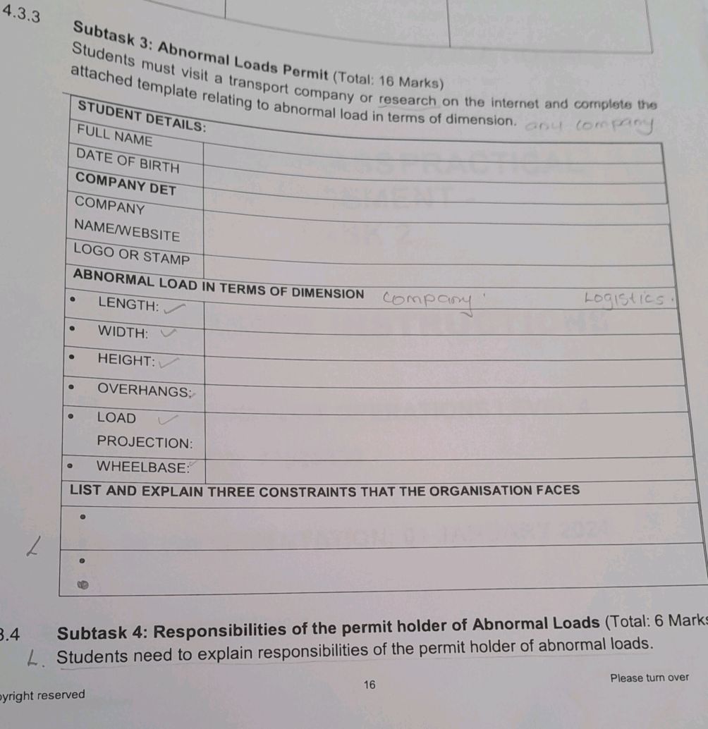 Subtask 3: Abnormal Loads Permit (Total: 16 | StudyX