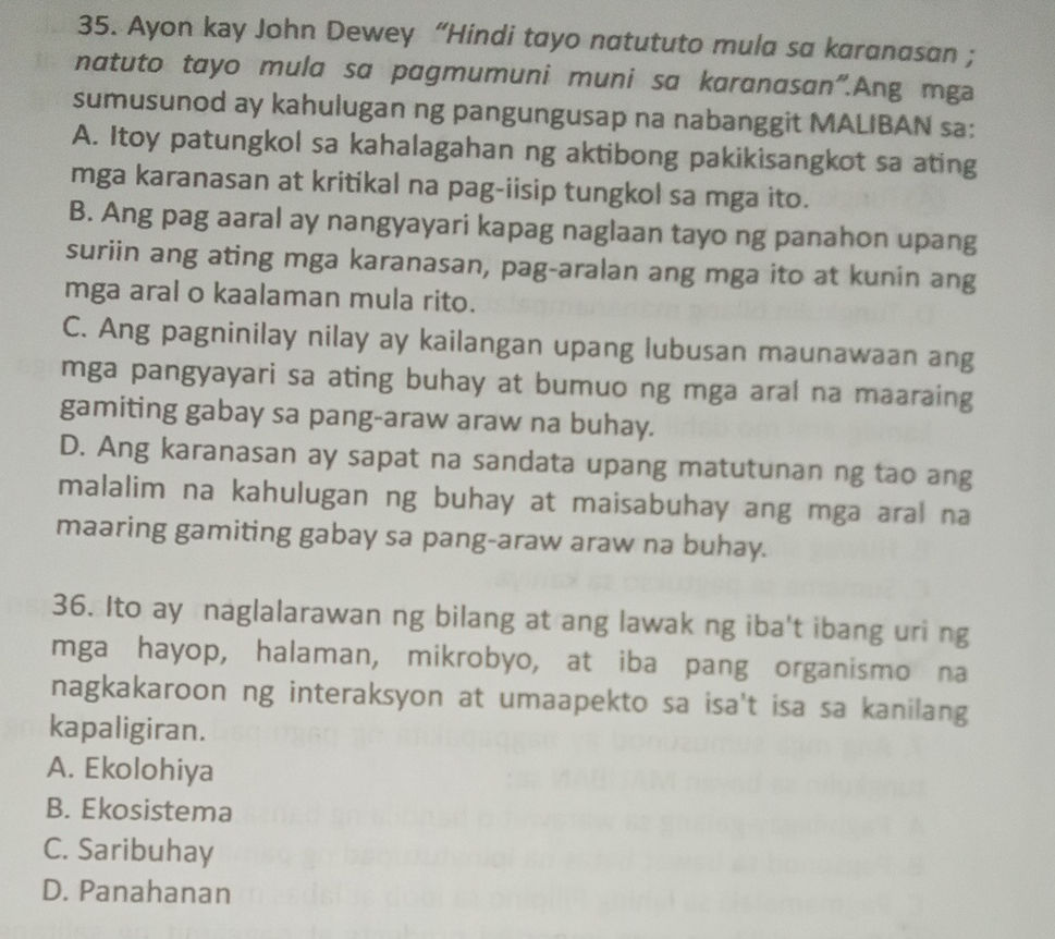 35. Ayon kay John Dewey "Hindi tayo natututo | StudyX