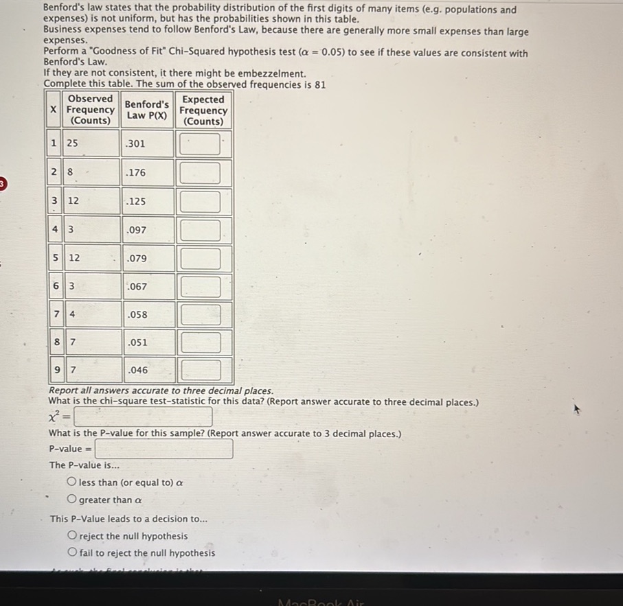 Benford's law states that the probability | StudyX