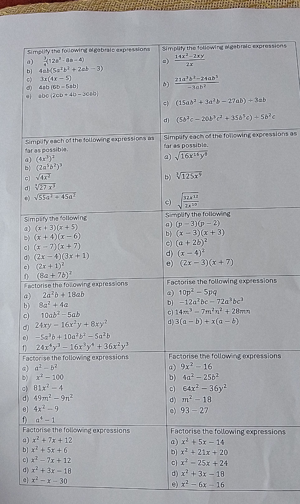 Simplify the following algebraic expressions | StudyX