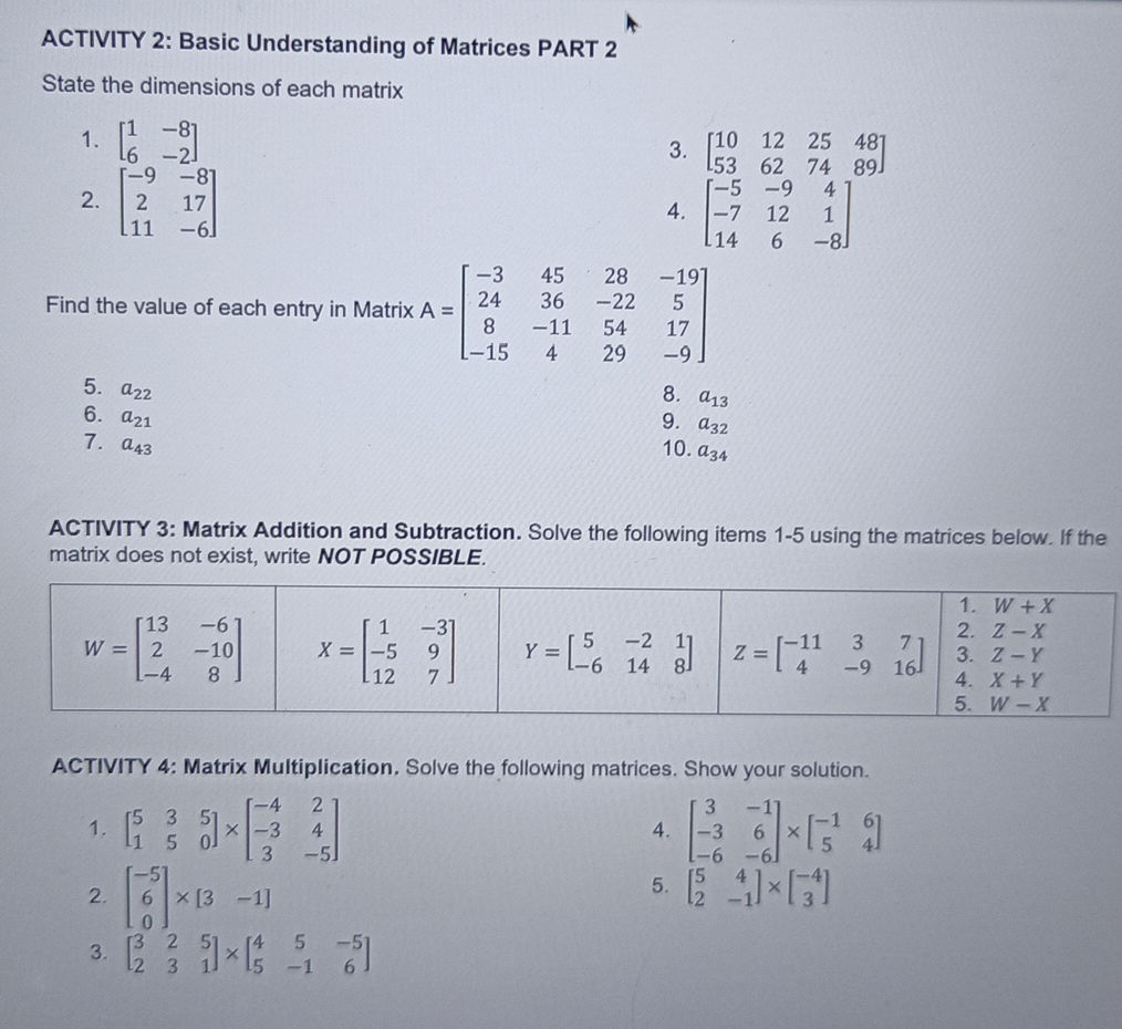 ACTIVITY 2: Basic Understanding of Matrices | StudyX