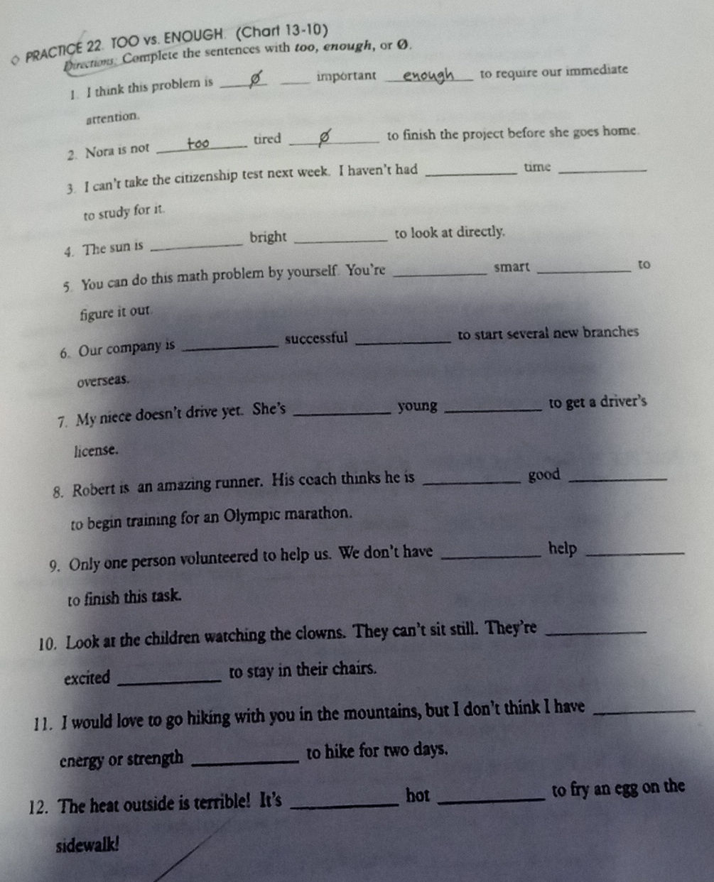 PRACTICE 22. TOO vs. ENOUGH. (Chart 13-10) | StudyX
