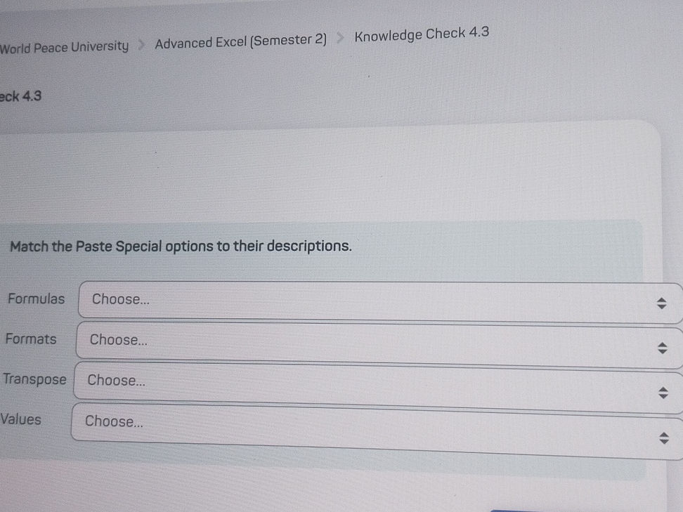 Match the Paste Special options to their | StudyX