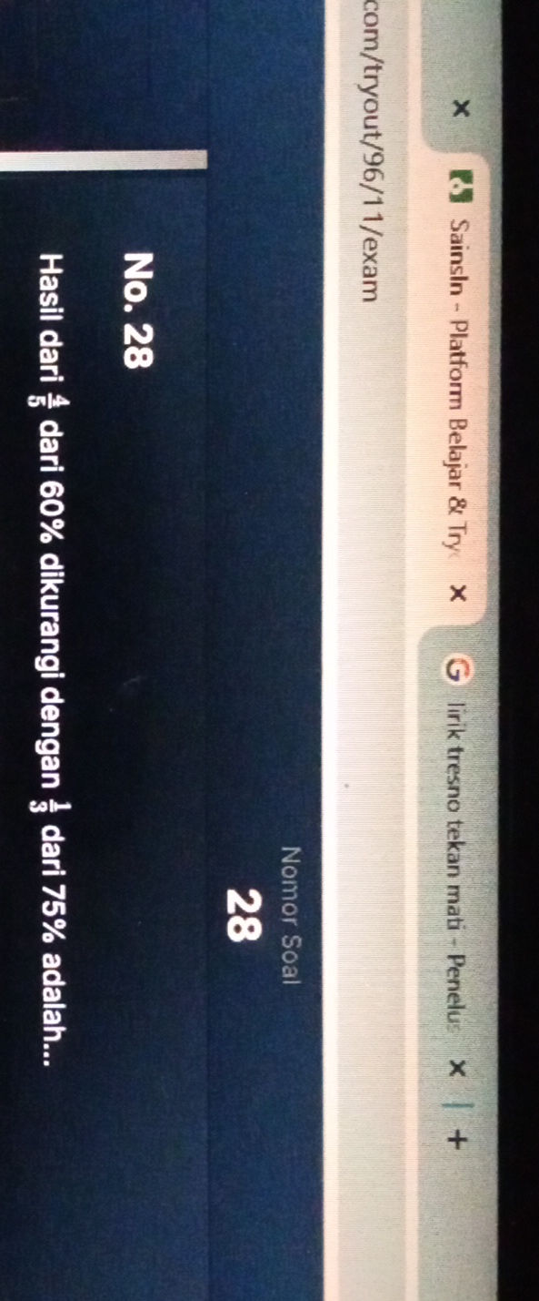 Hasil dari \( {1}{5}\) dari 60% dikurangi | StudyX