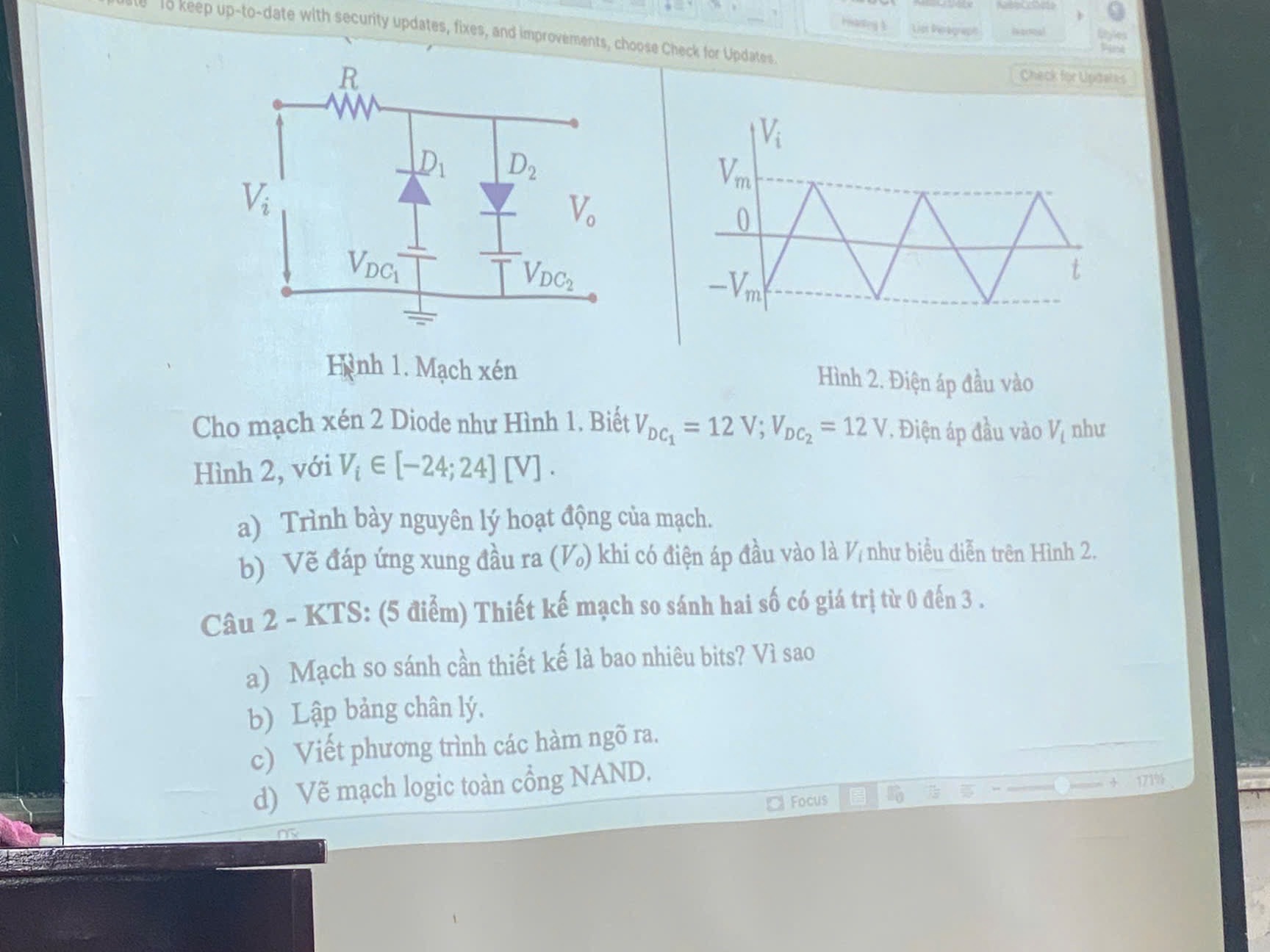 Cho mạch xén 2 Diode như Hình 1. Biết | StudyX