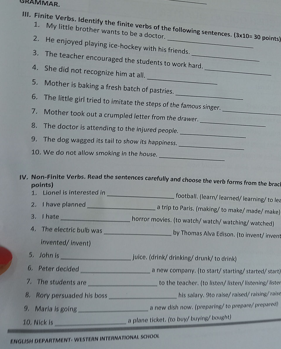 III. Finite Verbs. Identify the finite verbs | StudyX