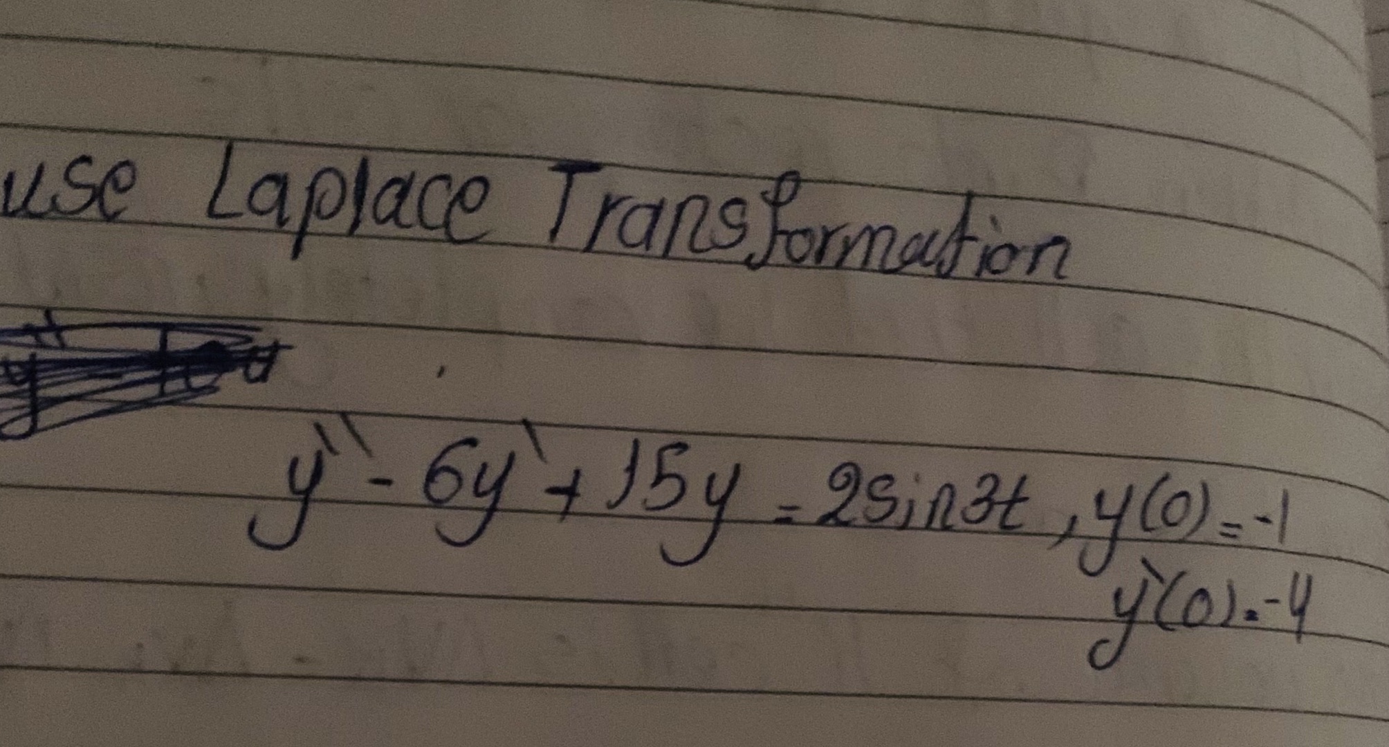 Use Laplace Transformation $y'' - 6y' + 15y | StudyX