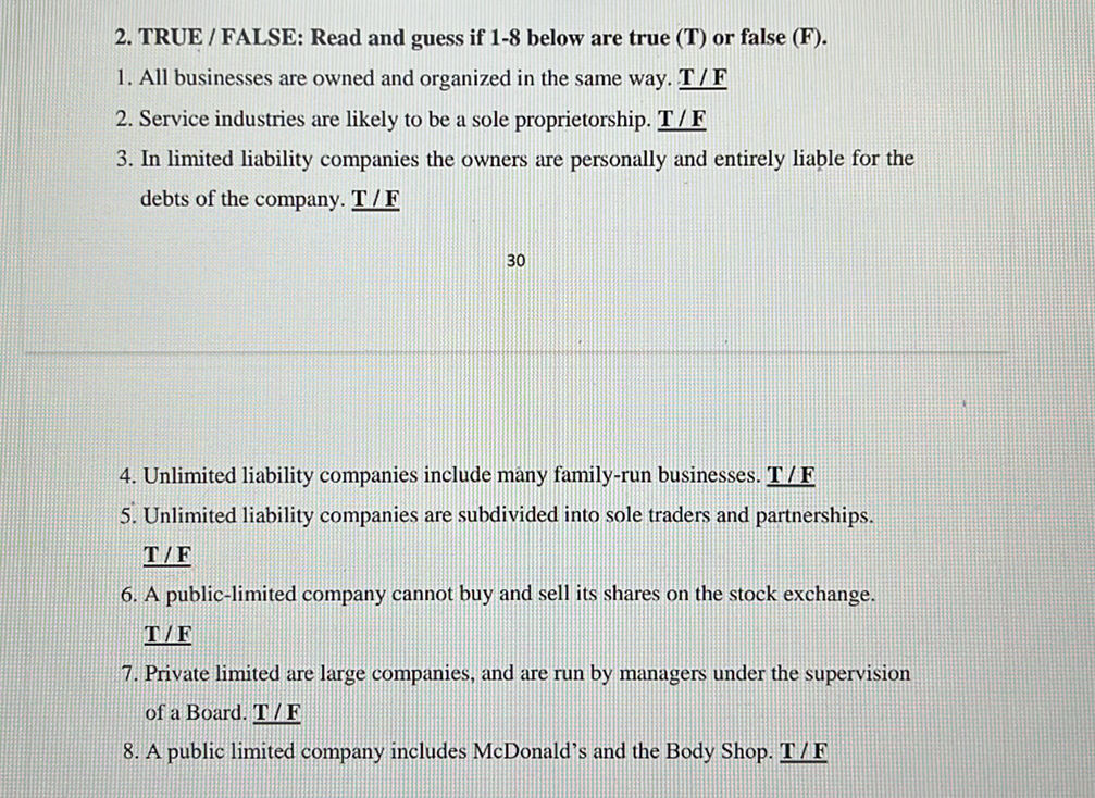 2. TRUE / FALSE: Read and guess if 1-8 below | StudyX