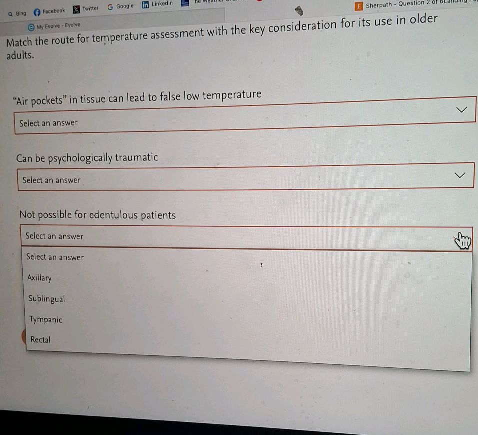 Match the route for temperature assessment | StudyX