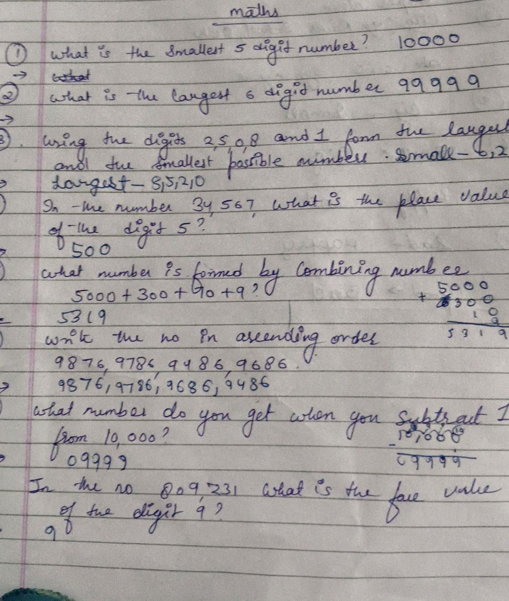 1. what is the smallest 5 digit number? 2. | StudyX