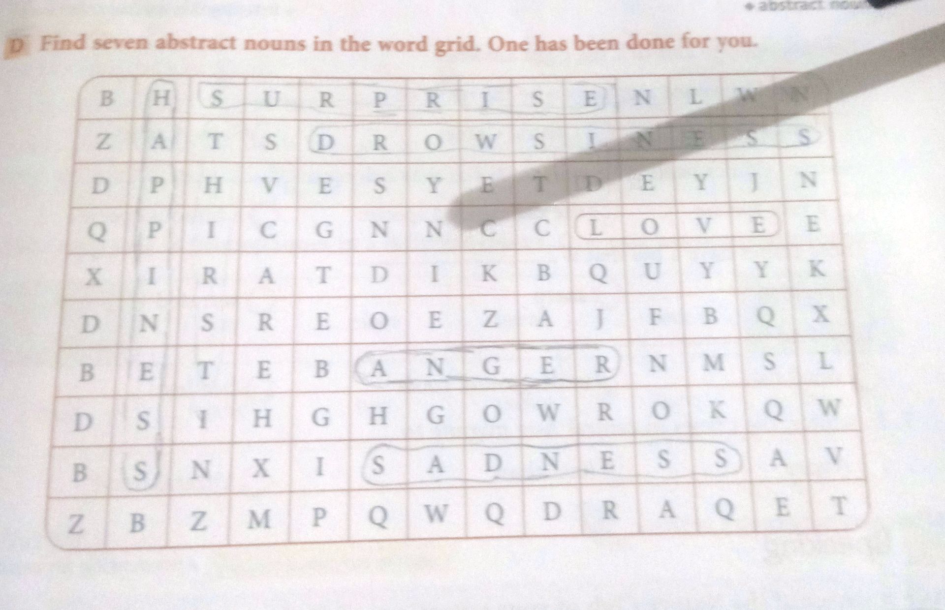 Find seven abstract nouns in the word grid. | StudyX