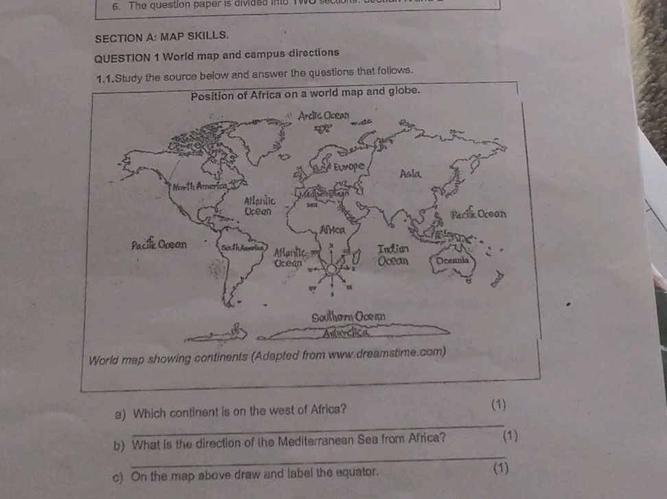 a) Which continent is on the west of Africa?