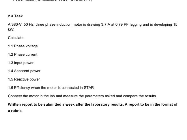 2.3 Task A 380-V, 50 Hz, three phase | StudyX