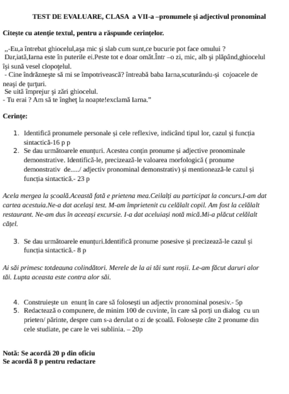 TEST DE EVALUARE, CLASA a VII-a - pronumele | StudyX